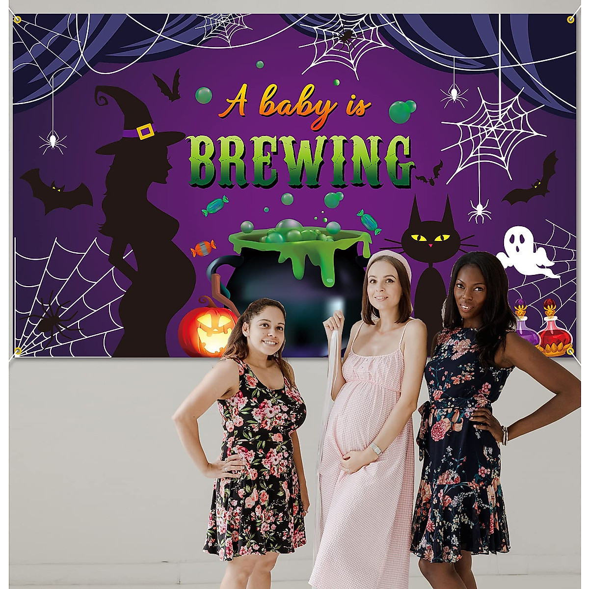 PTFNY Halloween A Baby is Brewing Backdrop Banner Halloween Baby Shower Decorations for Baby Shower Costume Birthday Party Supplies Decorations Banner Photo Booth Props Gender Reveal Party Supplies