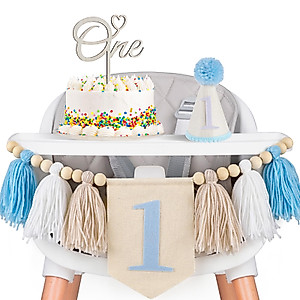 Lucky one First Birthday Decorations Banner for Boy, Cute Birthday Decorations Handmade High Chair Banner, Cake Topper Party Decor Baby Boy 1st Birthday Party Supplies