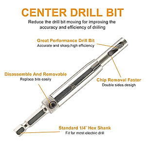 Lanzeuta 6pcs Self Centering Drill Bit Set with Automatic Center Punch & Hex Key, 1/4-Inch Hex Shank Hinge Center Drill Bit Core Hole Puncher for Woodworking, 5/64", 7/64", 9/64", 11/64"