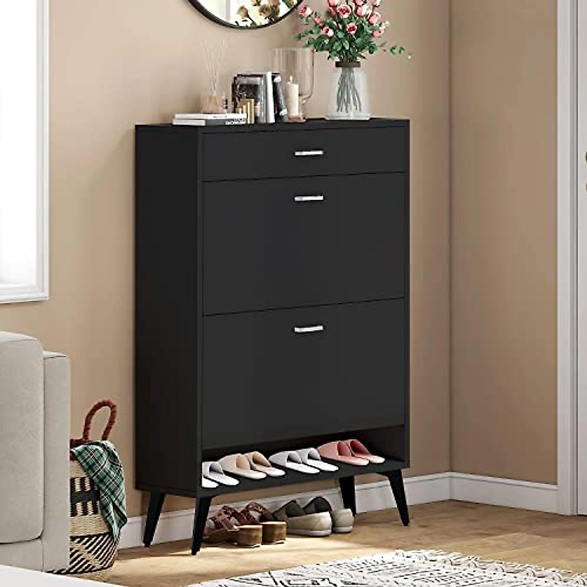pazezog Shoe Storage Cabinet for Entryway, Shoe Cabinet with 2 Flip Drawers and 1 Storage Drawer, Freestanding Shoe Rack Storage Organizer with Adjustable Shelf for Entryway (Black)