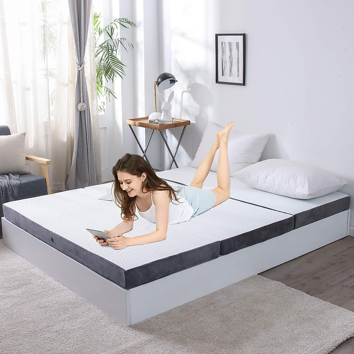 Tri-Folding Mattress with Super Soft Removable Breathable Cover for Guest Children and Adults, Foldable Floor Mattress Portable Sofa Bed with Non-Slip Bottom for Back Pain Relief, King 75"x78"x4"