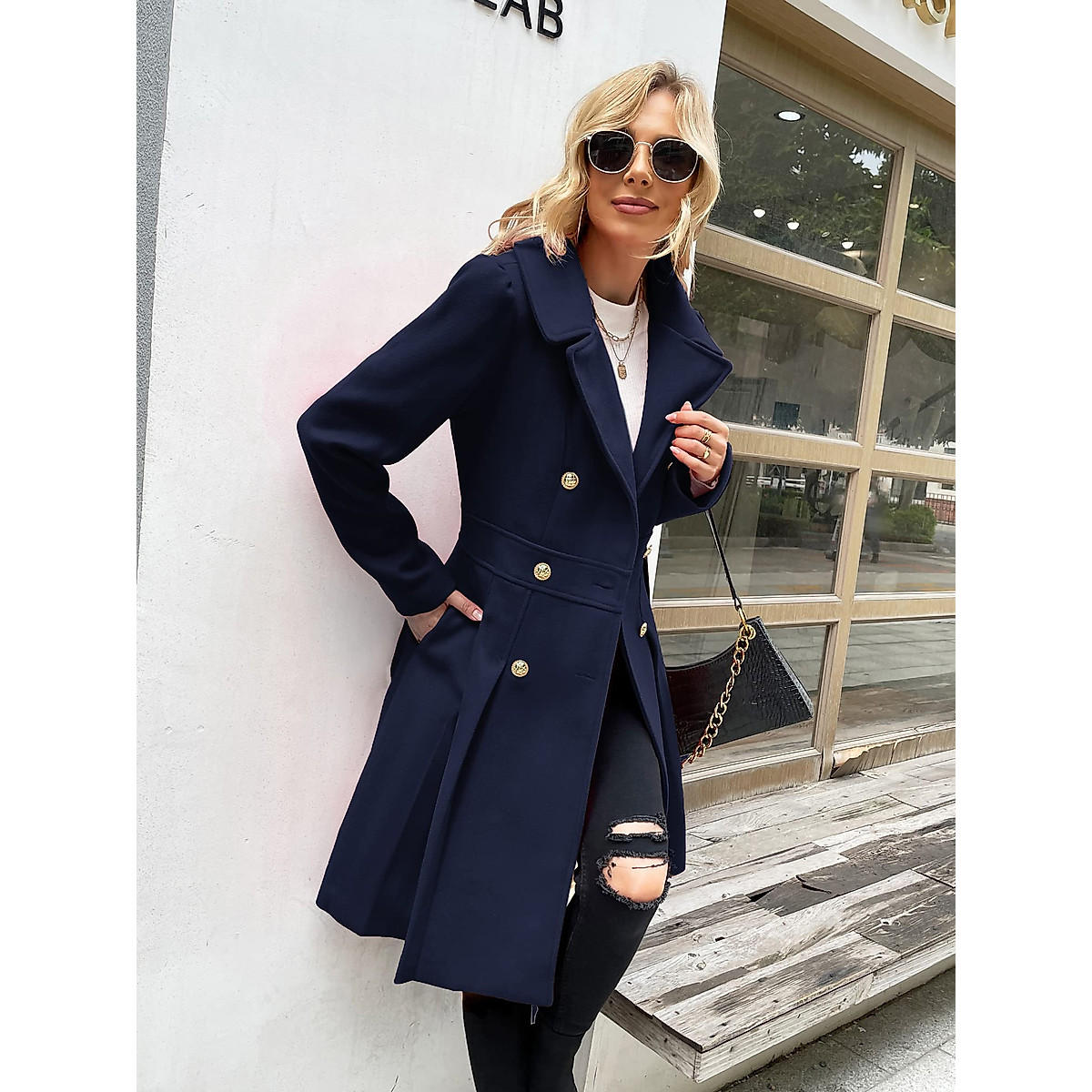 GRACE KARIN Women Swing Double Breasted Pea Coat Autumn Lapel Dress Outwear Dark Blue S