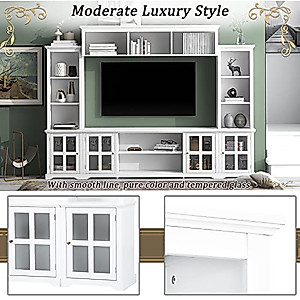 YISUYA Minimalism Style Entertainment Wall Unit with Bridge, TV Stand, Modern TV Console Table for TVs Up to 70”, Multifunctional TV Stand with Tempered Glass Door, Multifunctional TV Stand, White