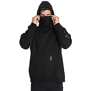 LRD Fleece Hoodie with Mask for Men Built in Gaiter Tactical Fishing Sweatshirt Black - L