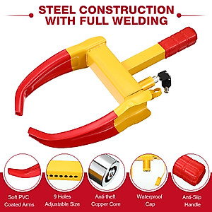 3 Pcs Wheel Lock for Cars, Heavy Duty Trailer Wheel Lock Universal Security Anti Theft Tire Clamp for Vehicles Boot Camper SUV ATV Boat Motorcycle Golf Cart Deterrent(Yellow, Red)