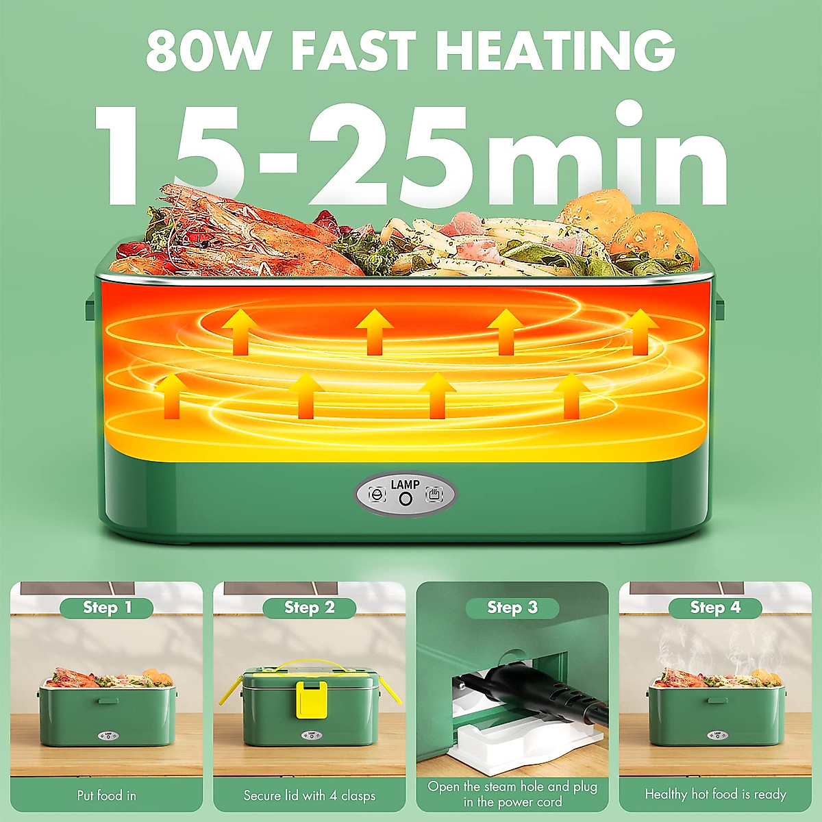 AHNR Electric Lunch Box 80W Food Heater, 3 IN 1 Portable Heated Food Warmer Lunch Box Leakproof for Car Truck Home Work with 1.8L Removable 304 Stainless Steel Container, 12V 24V 110V(Green)