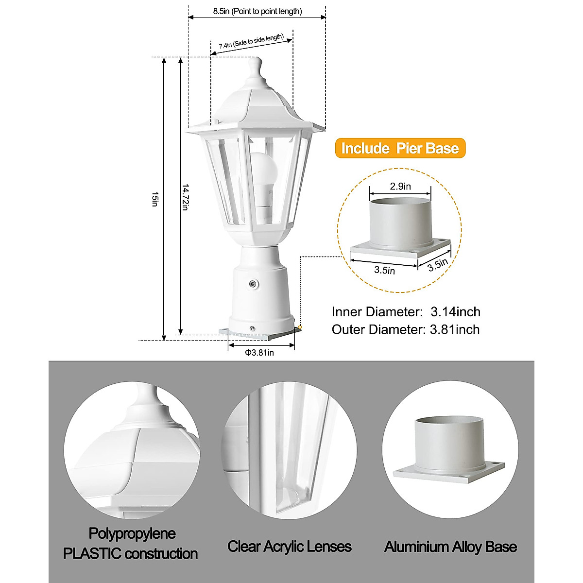 FUDESY Dusk to Dawn Outdoor Post Light, White Modern Exterior Post Lantern with Pier Mount Base, Plastic Waterproof Lamp Light Fixture for Garden Yard Patio Pathway, LED Bulb Included