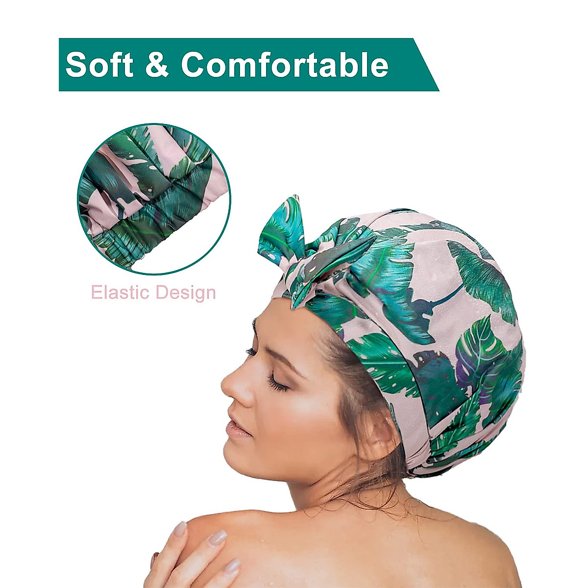 Auban Shower Cap Reusable,Ribbon Bow Bath Cap Oversized Large Design With Waterproof Exterior for All Hair Lengths,Great for Girls Spa Home Use,Hotel and Hair Salon (Green)