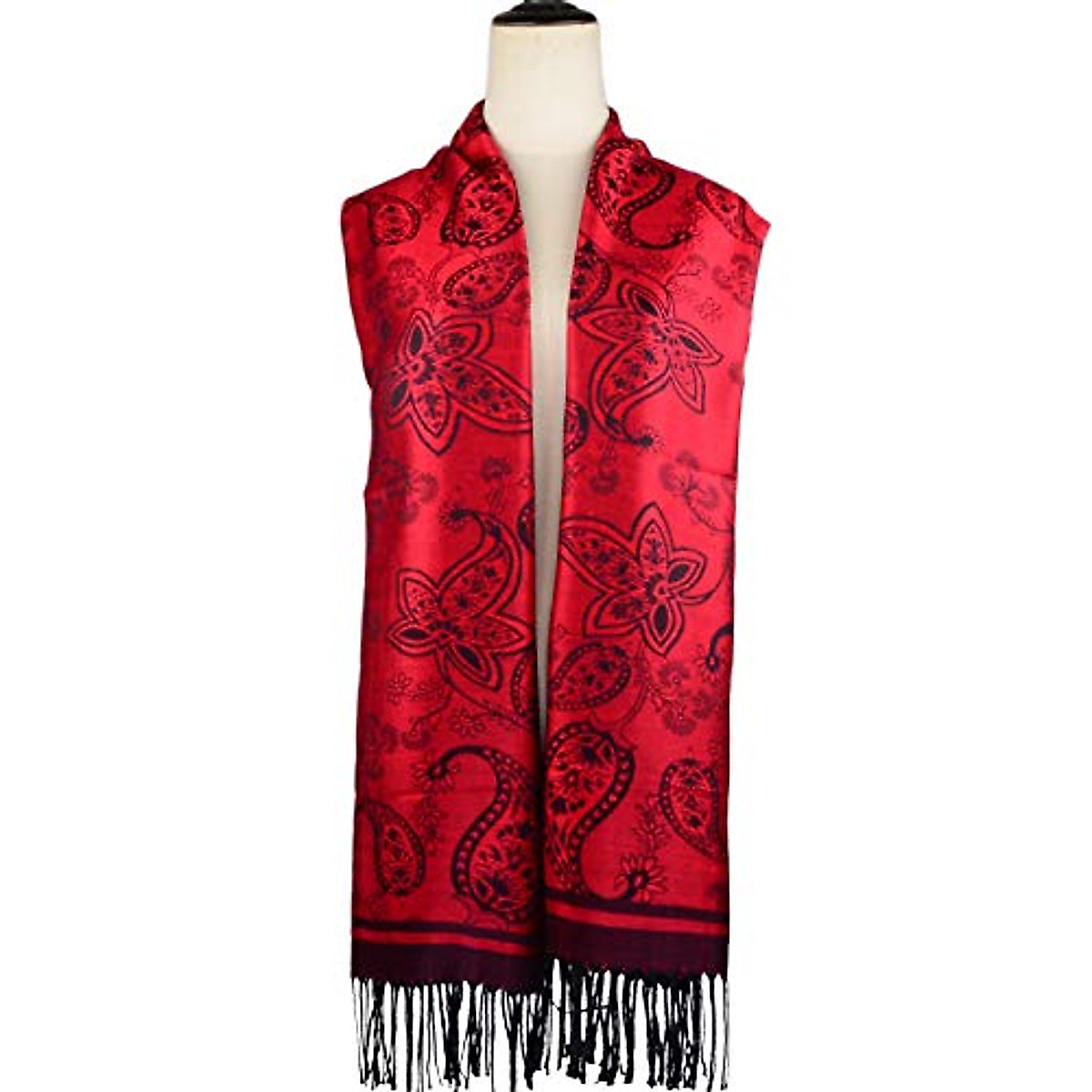 Iristide Women's Pashmina Shawl Paisley Pattern Scarf Tassels Wrap Colorful Ethnic (2005-Red &Black)