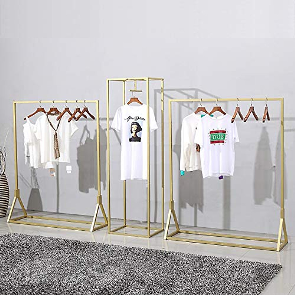 FURVOKIA Modern Clothes Retail Heavy Duty Garment Racks,Metal Clothing Store Hanger Storage Shelves,Floor-Standing Display Rack (Gold Square Tube, 71" H)