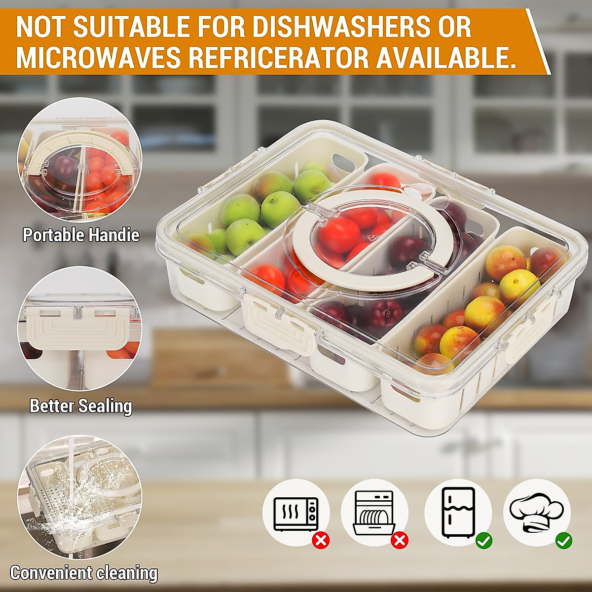 Divided Serving Tray with Handle, Lid & Removable Snack Box 8 Compartment Portable Snack Containers Snackle Box Snack Tray , Veggie Tray Charcuterie Boxes Fruit Tray Candy Organizer (1 PCS-4C)