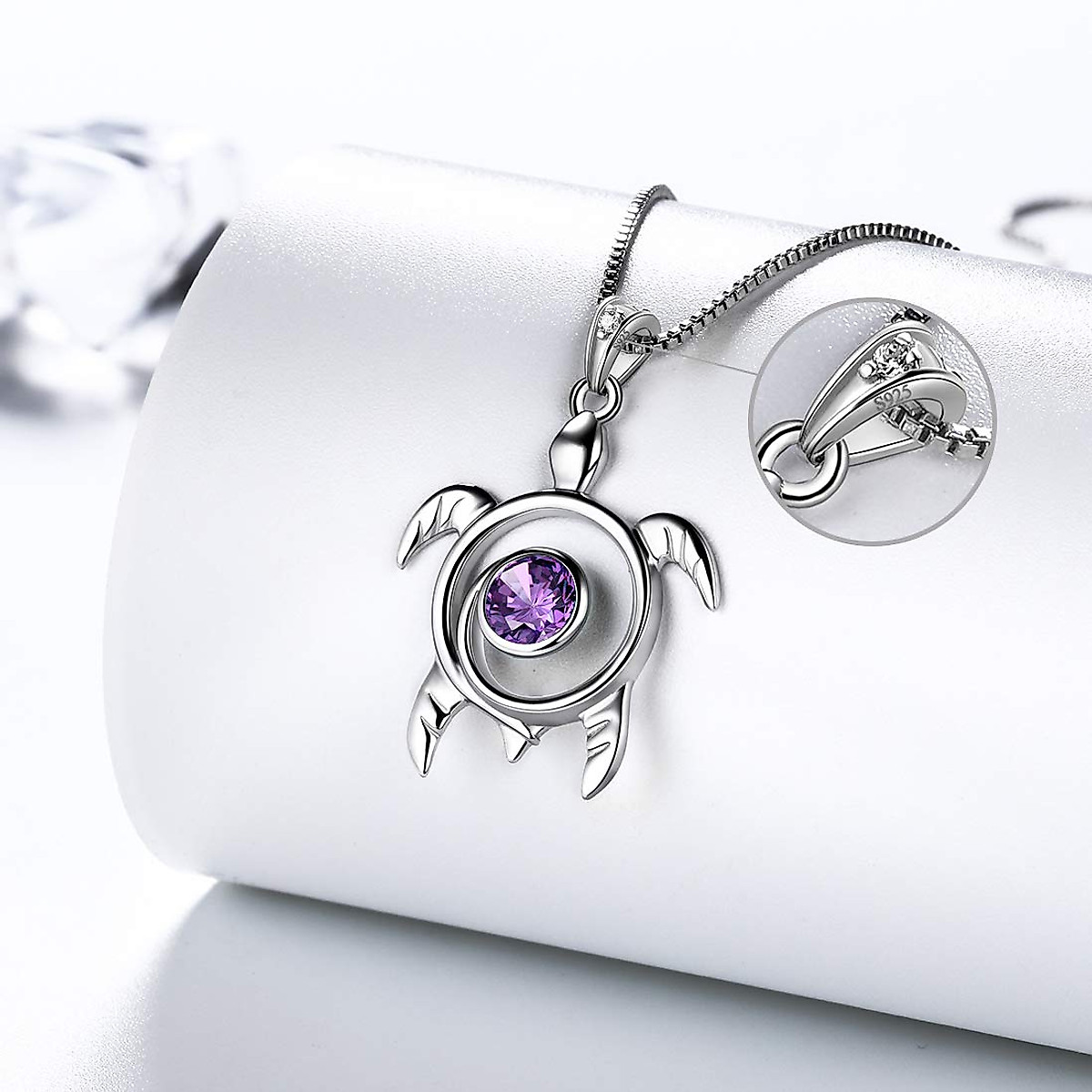 Aurora Tears Turtle Necklace Customized Birthstone 925 Sterling Silver Sea Animal Personalized Turtle Pendant Women Cute Jewelry DP0172 (B.Purple-February-Amethyst)