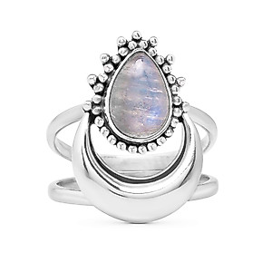 Koral Jewelry Pear Moonstone Ethnic Moon Ring 925 Sterling Silver Vintage Tribal Gipsy Boho Look (8)
