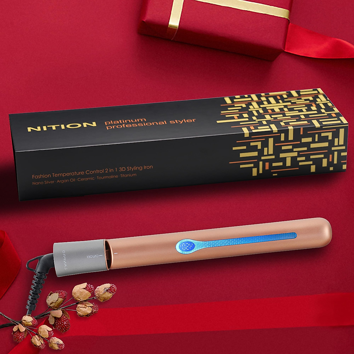 NITION Ceramic Tourmaline Flat Iron for Hair LCD 1" Hair Straighteners MCH Fast Heating UP Healthy Smooth Straightening Styling Tools with Travel Pouch Bag. 265-450°F Adjustable 6 Temperatures Levels