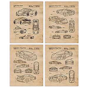 Vintage Style McLaren Cars Patent Prints, 4 (8x10) Unframed Photos, Wall Art Decor Gifts Under 20 for Home Office Garage Man Cave Student Teacher Coach Engineer F1 GT Team World Racing Champion