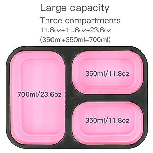 fancyfree Collapsible Silicone Benton Container, Leakproof Lunch Box with 3 Compartments, BPA Free Safe Food Storage Organizer (Pink)