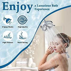 Aiscsc 8 Spray Modes Shower Head, 5 Inch High Pressure Shower Heads with 62 Anti-Clogging Nozzles and Adjustable Brass Ball Joint, Chrome Finish, Replacement for Bathroom Showerhead