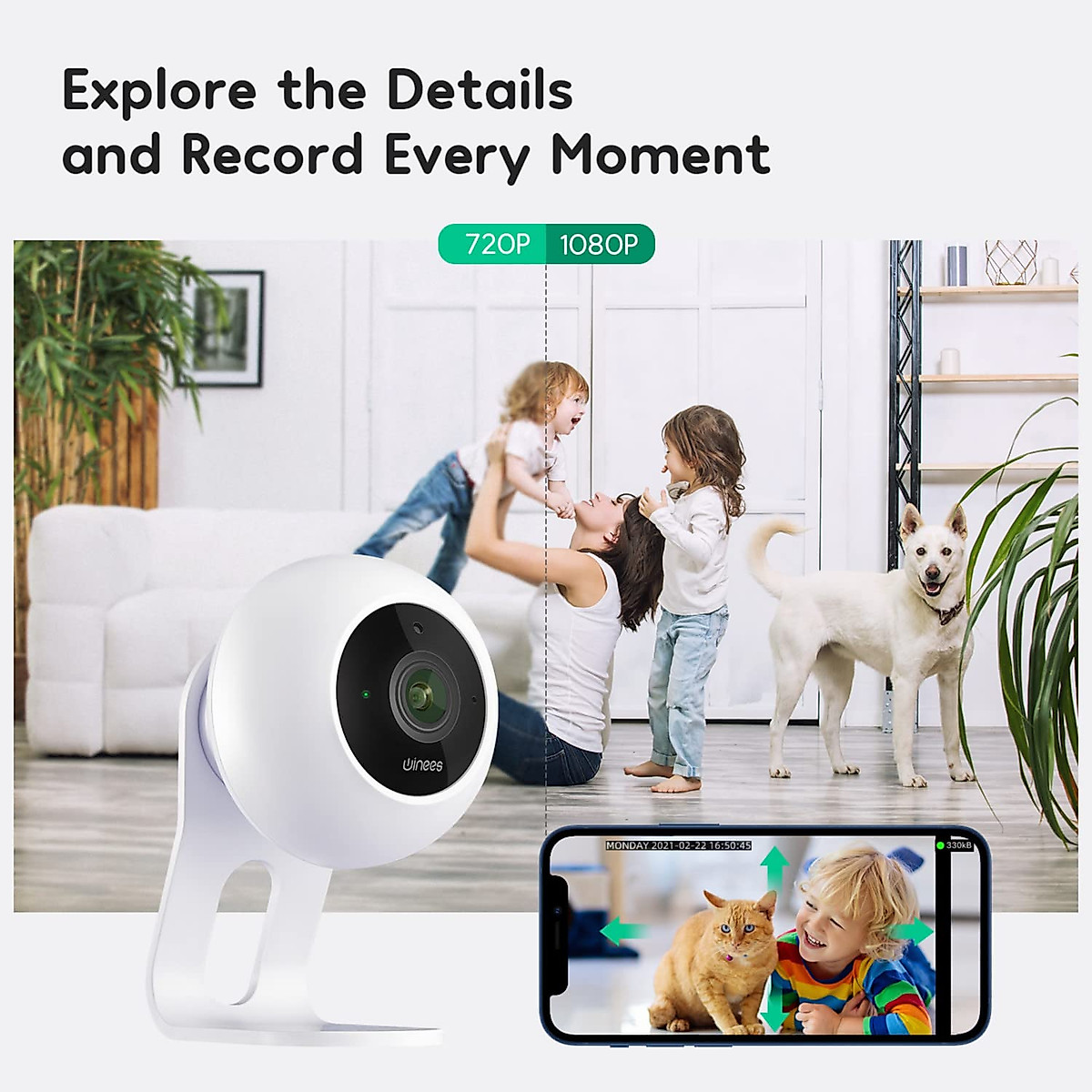 winees Indoor Security Camera, Baby Monitor Wi-Fi Smart Home IP Camera with Motion Detection,2-Way Audio, 2.4GHZ, Night Vision, Multi Installation Cam for Pet, Baby Works with Alexa