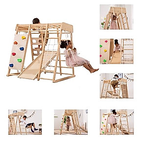 Giant bean Medium Size Indoor Playground Jungle Gym for 2-5yrs Kids, Toddlers Climber Toys 8-in-1 with Slide, Rock Climb Wall, Monkey Bars, Wood & Rope Ladder, Climbing Rope & Wall and Swing