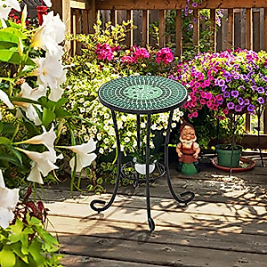 FROMJBEST Mosaic Outdoor Side Table, Patio Side Table, Weather Resistant 14" Diameter 21" H Ceramic Tile Round Outside Table for Patio, Porch, Garden, Pool, Indoor&Outdoor,Plant Stand (Vortex)