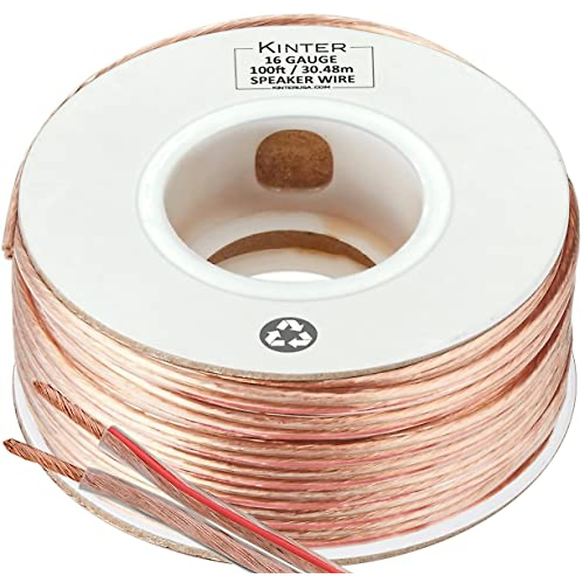 Kinter Cable 100ft 16-Gauge Audio Stereo Speaker Wire Cable, 100 Feet, 30.48 Meters, 2 Conductor, Polarity Marked, Flexible Clear PVC, CCA, Home Theater, HiFi, Surround or Auto Amps