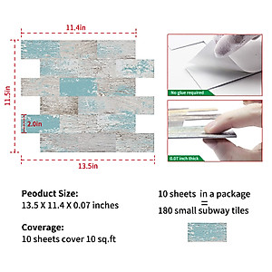 DEWOO 10-Sheet Peel and Stick Tiles Backsplash Stick on Tiles for Kitchen Wall (13.5" x 11.4"，Retro Blue