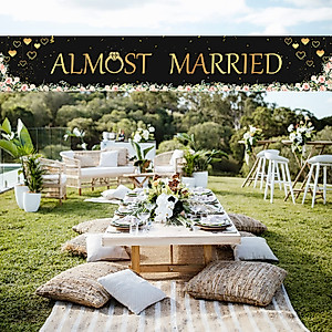 WHPCT Almost Married Banner,Gold Romantic Flower & Heart Sign Banner Backdrop For Bridal Shower,Wedding Party Yard Sign Decorations 9.8 X1.6 Feet
