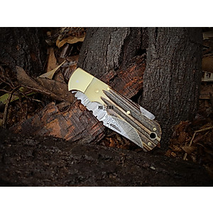 PAL 2000 KNIVES FOL-6016 Handmade Damascus Steel Folding Pocket Knife With Leather Sheath