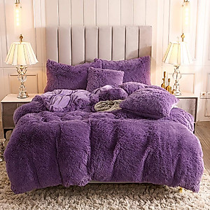 Uhamho Faux Fur Velvet Fluffy Bedding Duvet Cover Set Down Comforter Quilt Cover with Pillow Shams, Ultra Soft Warm (Queen, Purple)