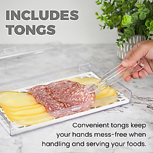 GlossyEnd Deli Meat and Cheese Storage Container with Tong, Bacon Storage Container with Perforated Tray for Freshness, Clear Durable Plastic - Dishwasher and Freezer Safe - Size: 11” x 6.5” x 2”