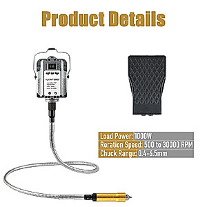FlySkip Flex Shaft Rotary Tool 1000W 30000RPM,Flex Shaft Hanging Grinder Carver with Forward and Reverse Rotation, Multi-function Metalworking with Foot Pedal Control for Carving Buffing (1000W)
