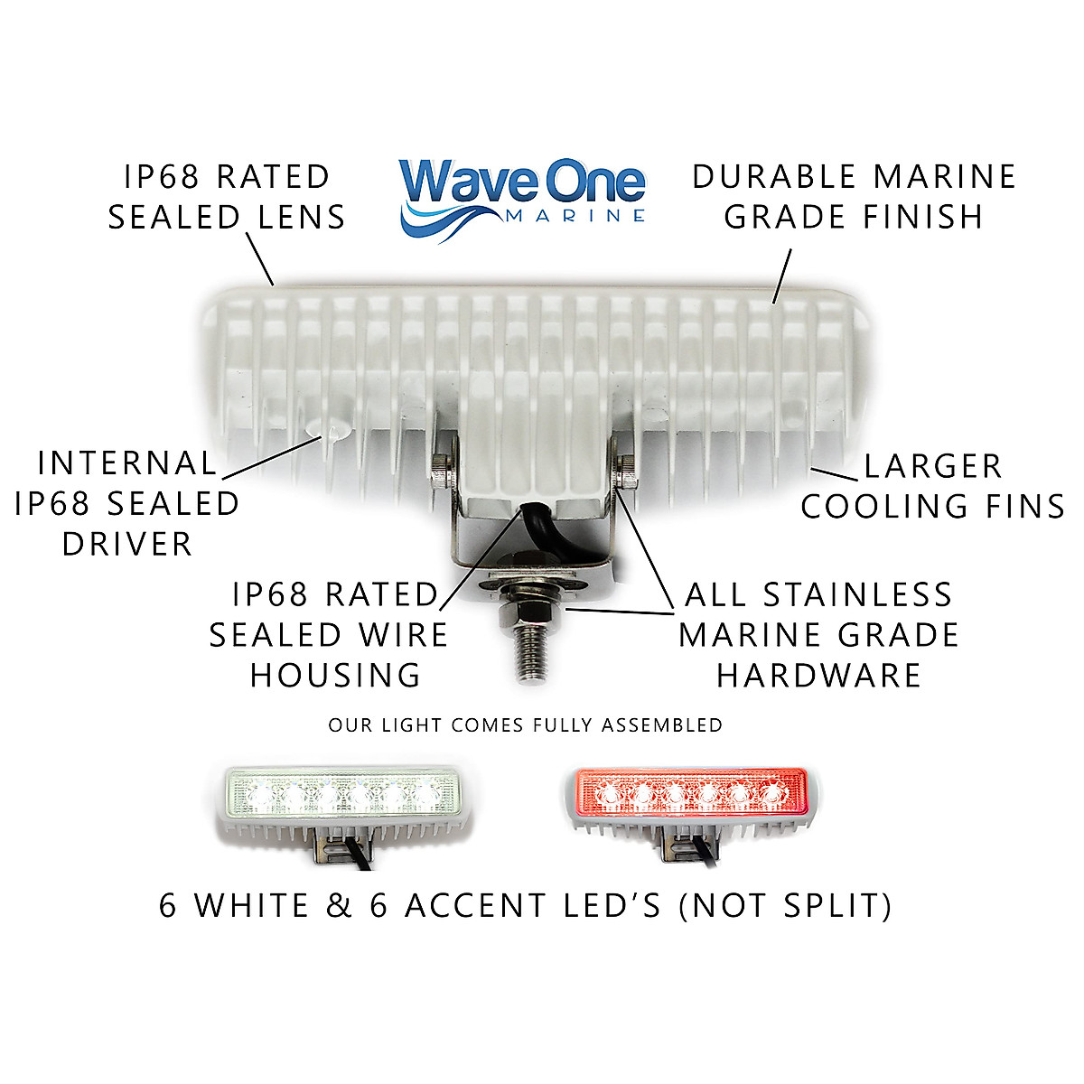 Wave One Marine | Dual Color LED Boat Spreader Light Deck Flood Beam Stainless Hardware & Bracket IP68 Waterproof Multicolor Bright High Lumen Output (White Housing, White & Red)