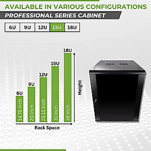 NavePoint 15U Server Rack Enclosure - 23.6” Deep, 15U Wall Mount Network Cabinet with Locking Glass Door for 19” IT Equipment, 15U Network Rack with 2 Fans, Removable Side Panels, Black