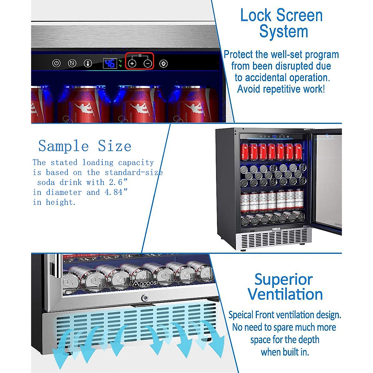 AAOBOSI 24 Inch Beverage Cooler, 164 Cans Freestanding and Built-in Beverage Refrigerator with Advanced Cooling System, Adjustable Shelf, Energy Saving, Ideal for Soda, Water, Beer, Wine