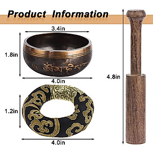 Omigga 3 Pcs 4 inch Tibetan Singing Bowl Set Nepal Antique Bronze Mantra Carving Hand Hammered Handcrafted Singing Bowl for Healing, Peace, Meditation, Stress Relief