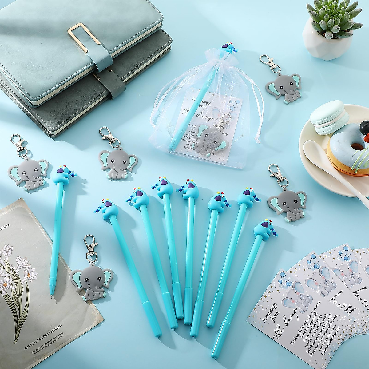 Engrowtic 50 Sets Baby Shower Favors for Boys 50 Elephant Keychain for Baby Shower 50 Baby Shower Thank You Cards 50 Elephant Pens and Organza Bags Baby Boy Thank You Gift for Guest Gender Reveal