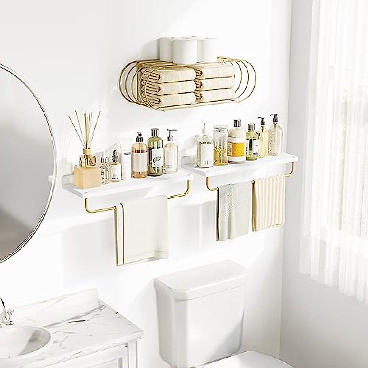 Love-KANKEI Floating Shelves Wall Mounted, Bathroom Shelf with Towel Bar, Wall Shelves with Wire Storage Basket,Wood Shelves for Kitchen Bedroom Living Room, Set of 3 White and Gold