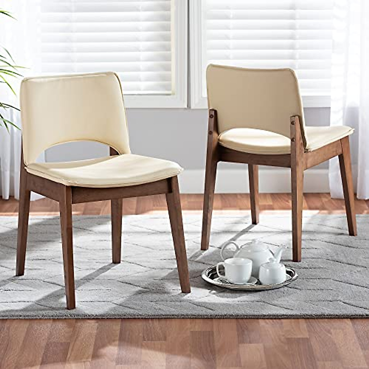 Baxton Studio Afton Dining Chair Set Beige Faux Leather Upholstered and Walnut Brown Finished Wood 2-Piece Dining Chair Set