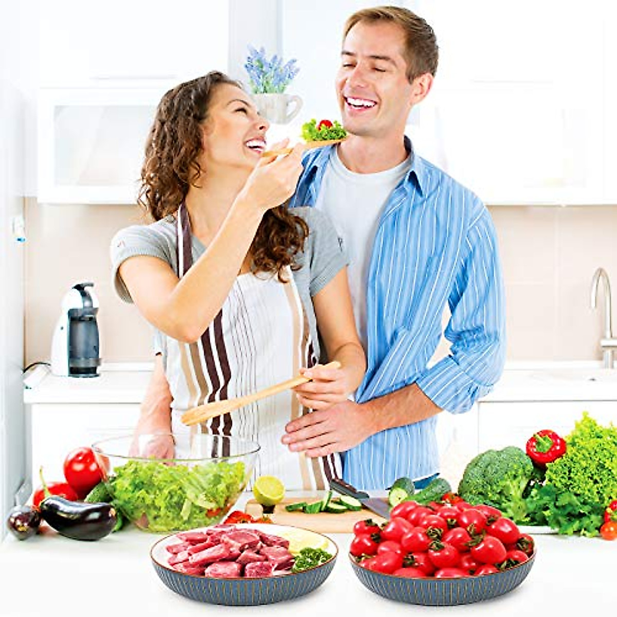 JDZTC Porcelain 26 Ounce Pasta Bowls Set of 4, 8 inch Wide and Shallow Salad Bowls, Serving Bowls, Microwave & Dishwasher Safe, Sturdy & Stackable, blue grey