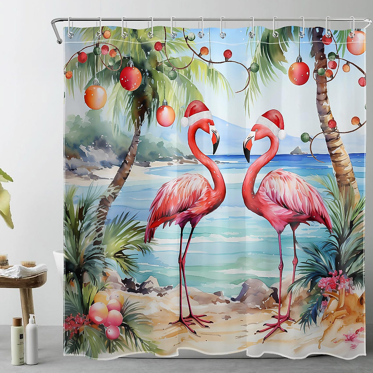 LB Christmas Flamingo Shower Curtain Pink Flamingo with Palm Tree and Christmas Balls Bathroom Shower Curtain Xmas Beach Theme Bathroom Decor with Hooks 72Lx72W Inch Polyester Bath Curtain