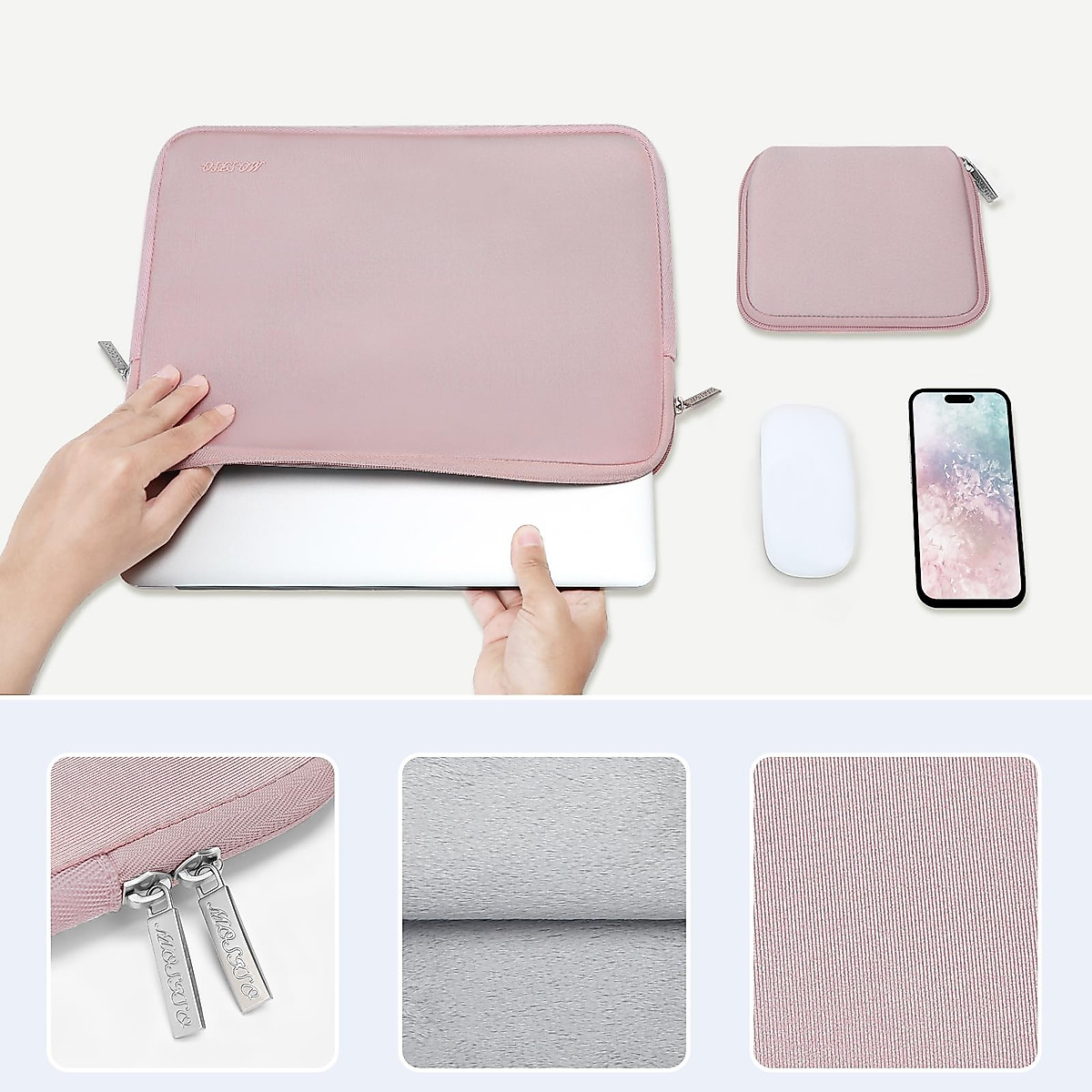 MOSISO Laptop Sleeve Compatible with MacBook Air 13 inch M3 A3113 M2 A2681 M1 A2337 A2179 A1932 / Pro 13 M2 M1 A2338 A2251 A2289 A2159 A1989 A1706 A1708, Neoprene Bag with Small Case, Baby Pink