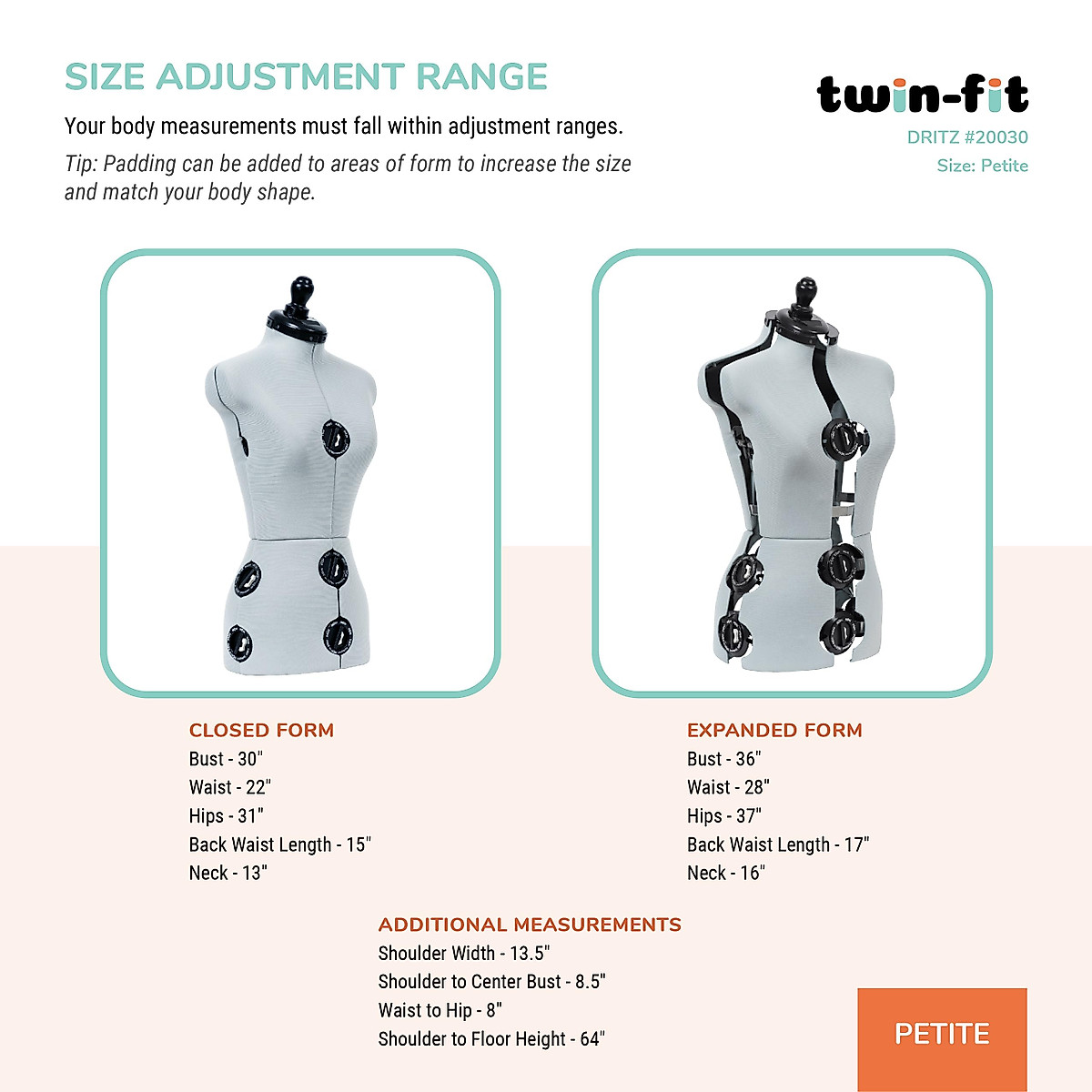 Dritz Twin-Fit Dress Form with Adjustable Tri-Pod Stand, Petite