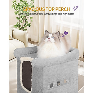 Hzuaneri 39-Inch Cat Scratching Post Tower with Bed, Cat Tower with LED Light Strip, Cat Scratcher Post with Woven Sisal, Condo, Pompom, Light Gray MS99018LG