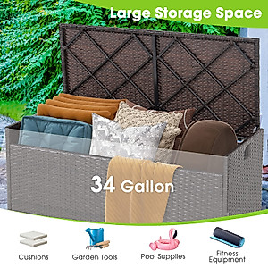 Tangkula 34 Gallon Outdoor Storage Bench with Seat Cushion, Patio Mix Brown Wicker Deck Box with Waterproof Liner and Side Handles, Outdoor Storage Bench for Cushions, Garden Tools, Pool Accessories