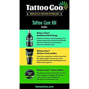 Tattoo Goo Aftercare Kit Includes Antimicrobial Soap, Balm, and Lotion, Tattoo Care for Color Enhancement + Quick Healing - Vegan, Cruelty-Free, Petroleum-Free, Tattoo Artist Gifts (3 Piece Set)