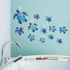 12 Pcs Sea Turtle Wall Decals Ocean Turtle Vinyl Stickers Underwater Bathroom Decals Waterproof Wall Sticker Decoration for Home Office Nursery Room Toilet (Blue)