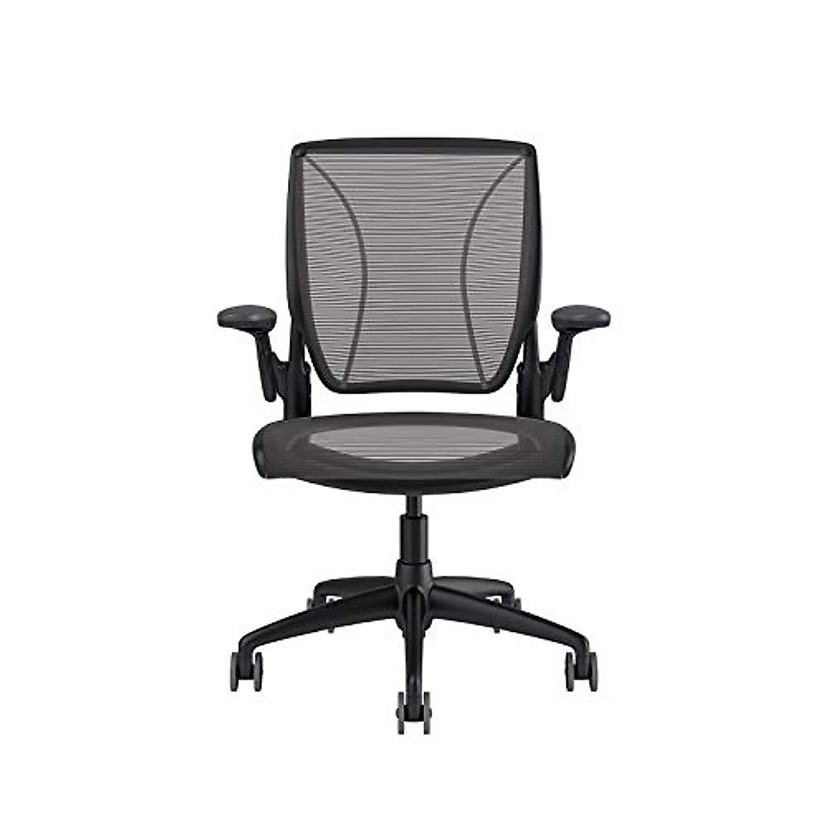 Humanscale Diffrient World Task Chair | Black Pinstrip Mesh Seat and Back | Black Frame, Black Trim | Height-Adjustable Duron Arms | Standard Foam Seat, 3" Carpet Casters, 5" Cylinder