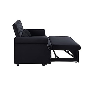 Goohome 55'' Velvet Pull Out Sleeper Sofa, Convertible Futon Couch Bed W/Adjustable Backrests, 3 in 1 Tufted Loveseat with Retro Rivet and 2 Lumbar Pillows, Small Love Seat for Living Room, Black