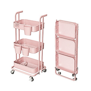 Merapi 3 Tier Foldable Rolling Cart, Metal Utility Cart with Wheels, 3 Hanging Cups and 6 Hooks, Folding Trolley for Living Room, Kitchen, Bathroom, Bedroom and Office, Pink