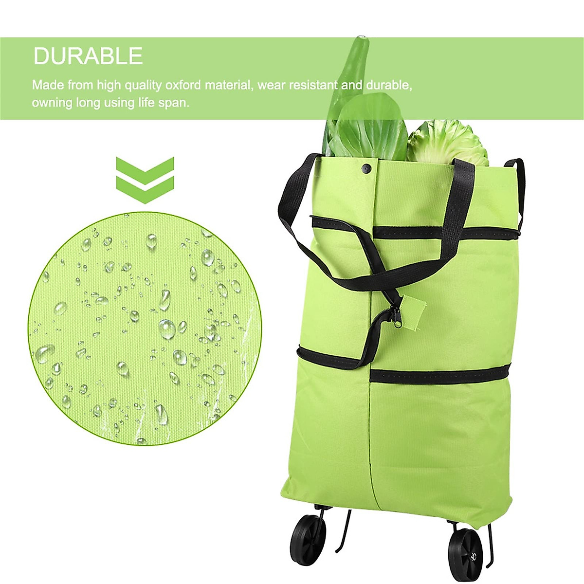2 in 1 Foldable Shopping Cart, 2023 New Foldable Shopping Bag Carts with Wheels, Portable Rolling Tote Shopping Bag with Wheels, Waterproof Trolley Collapsible Grocery Shopping Tote Bag Cart (A GREEN)